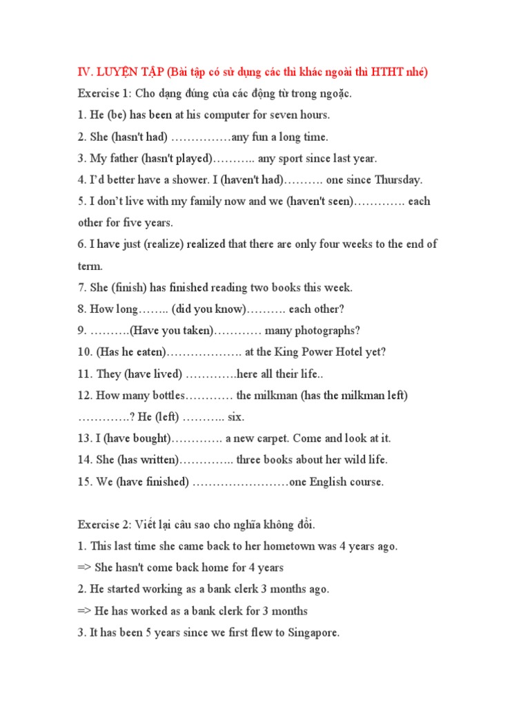 BÀI TẬP HTHT VÀ QKĐ | PDF