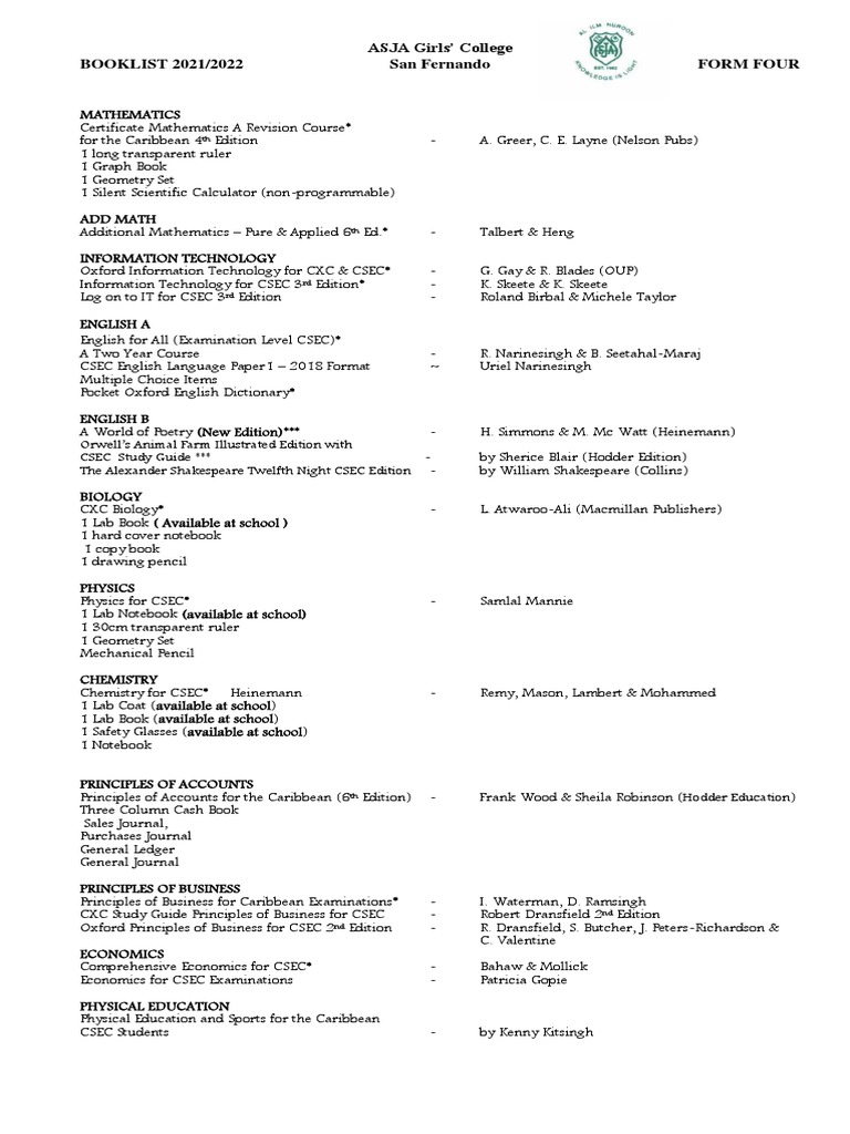 Form Four 2022 Booklist | PDF