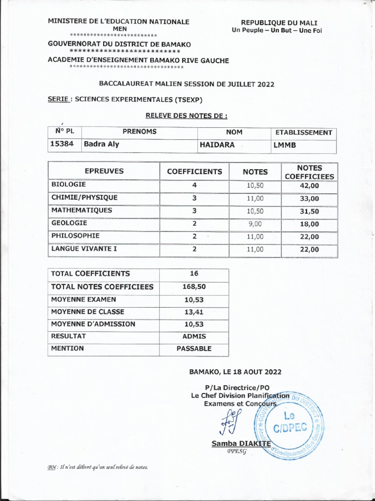 Ali Haidara Releve Des Notes de Bac | PDF