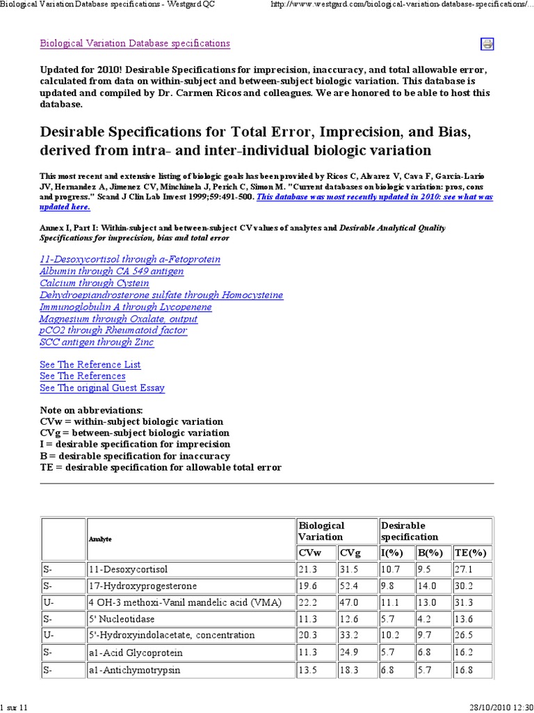Biological Variation Database Specs | PDF