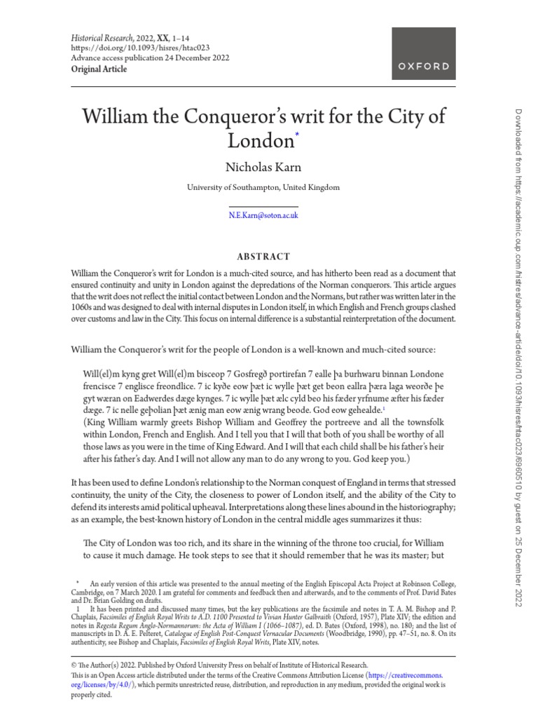William The Conquerors Writ For The City of Londo | PDF | William The Conqueror | Clause