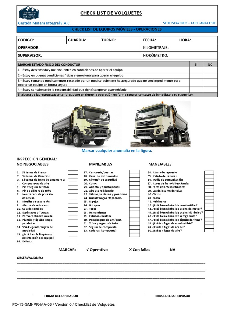 FO 13 GMI PR MA 06 Check List de Volquetes | PDF | Transporte | Bienes ...