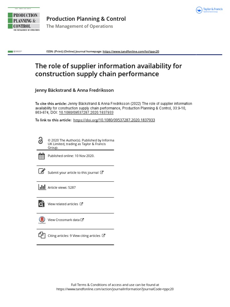 F4. The Role of Supplier Information Availability For Construction Supply Chain Performance ...