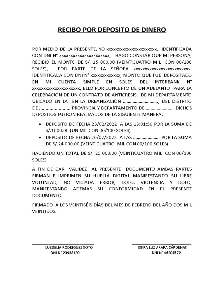 Recibo Por Deposito de Dinero | PDF