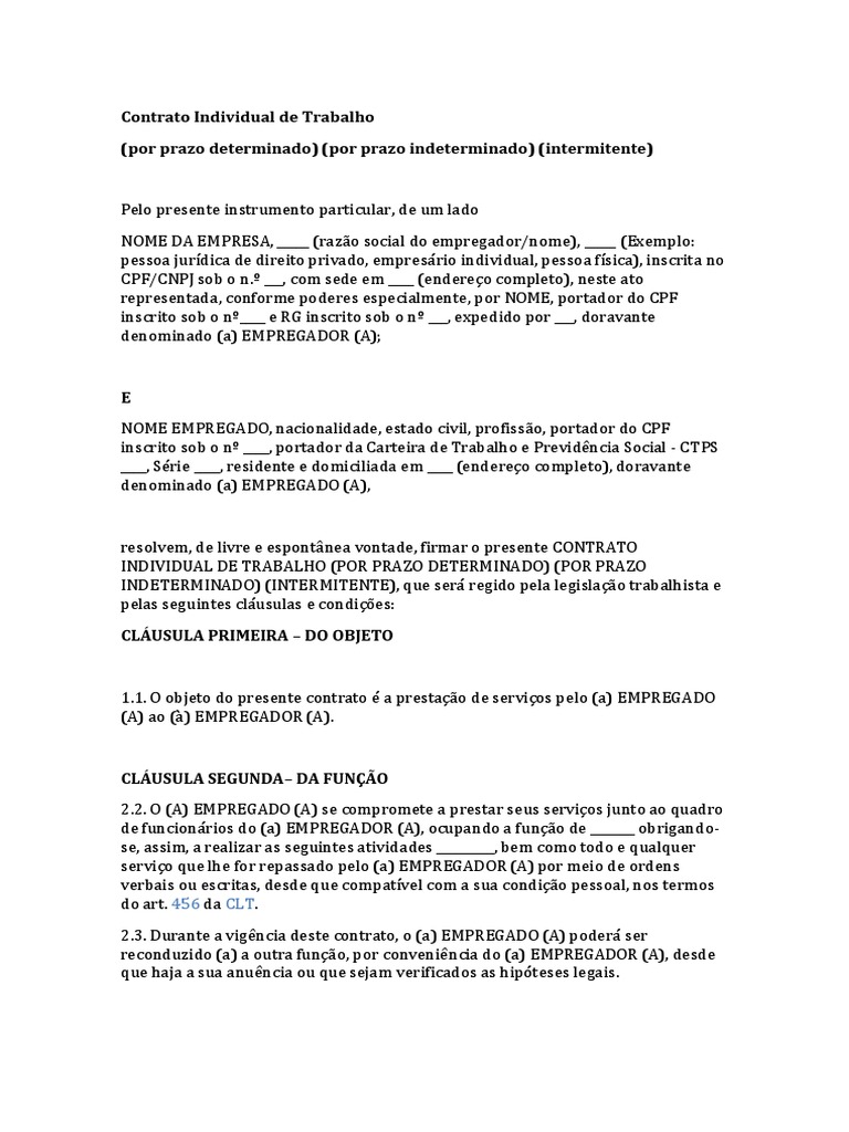Modelo Contrato de Trabalho CLT | PDF | Expediente | Hora extra
