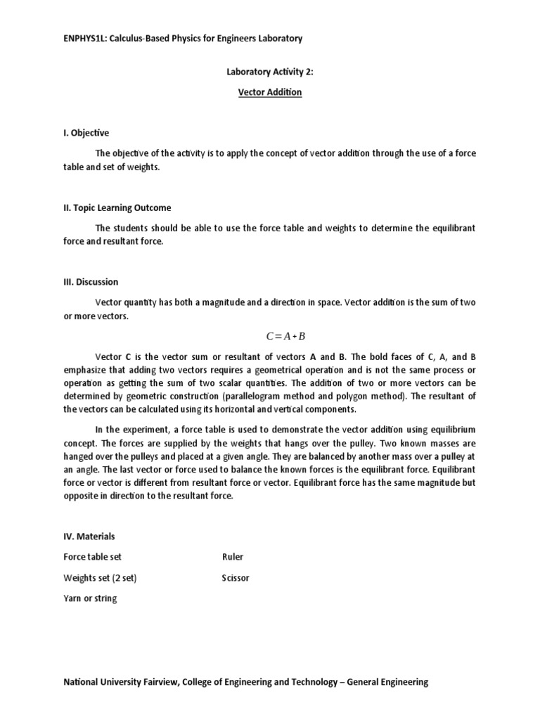 Laboratory Activity 2 ENPHYS1L Vector Addition | PDF
