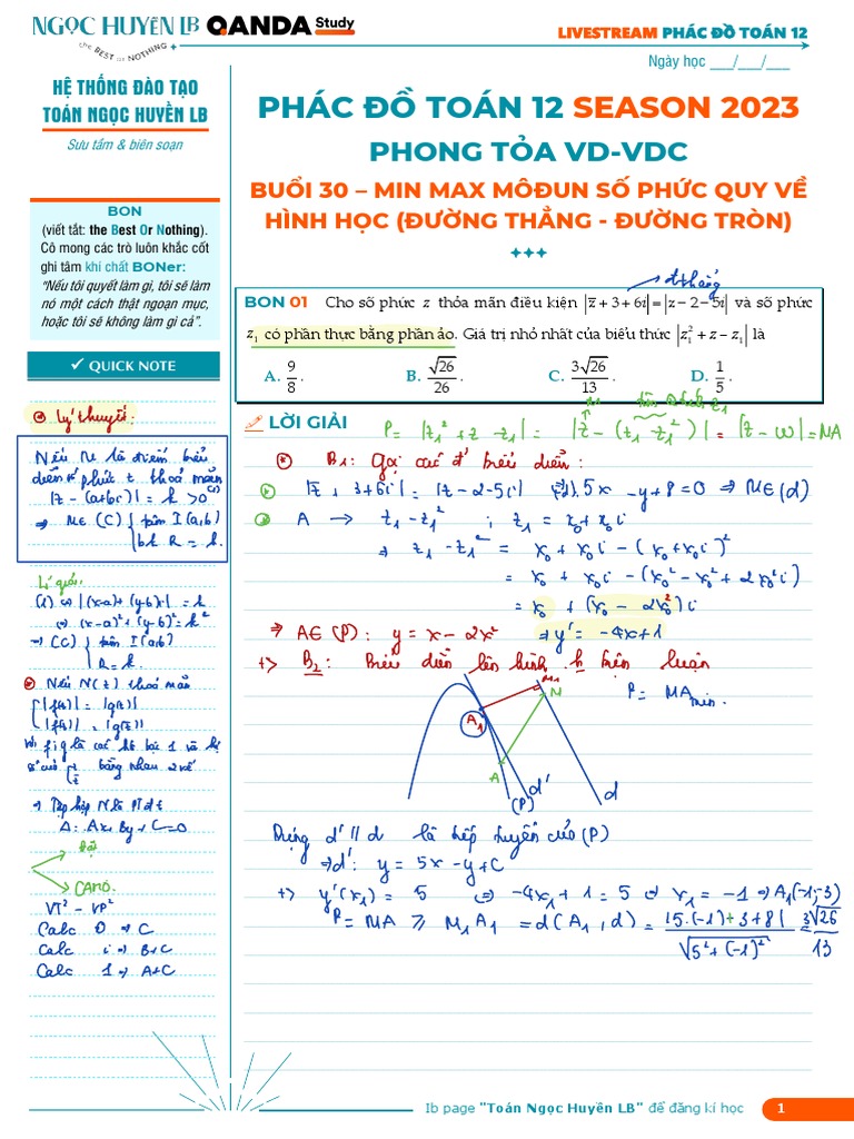 (Ngọc Huyền LB) Phong Tỏa VD-VDC Buổi 30. Min Max Môđun Số Phức Quy Về Hình Học (Đường Thẳng ...