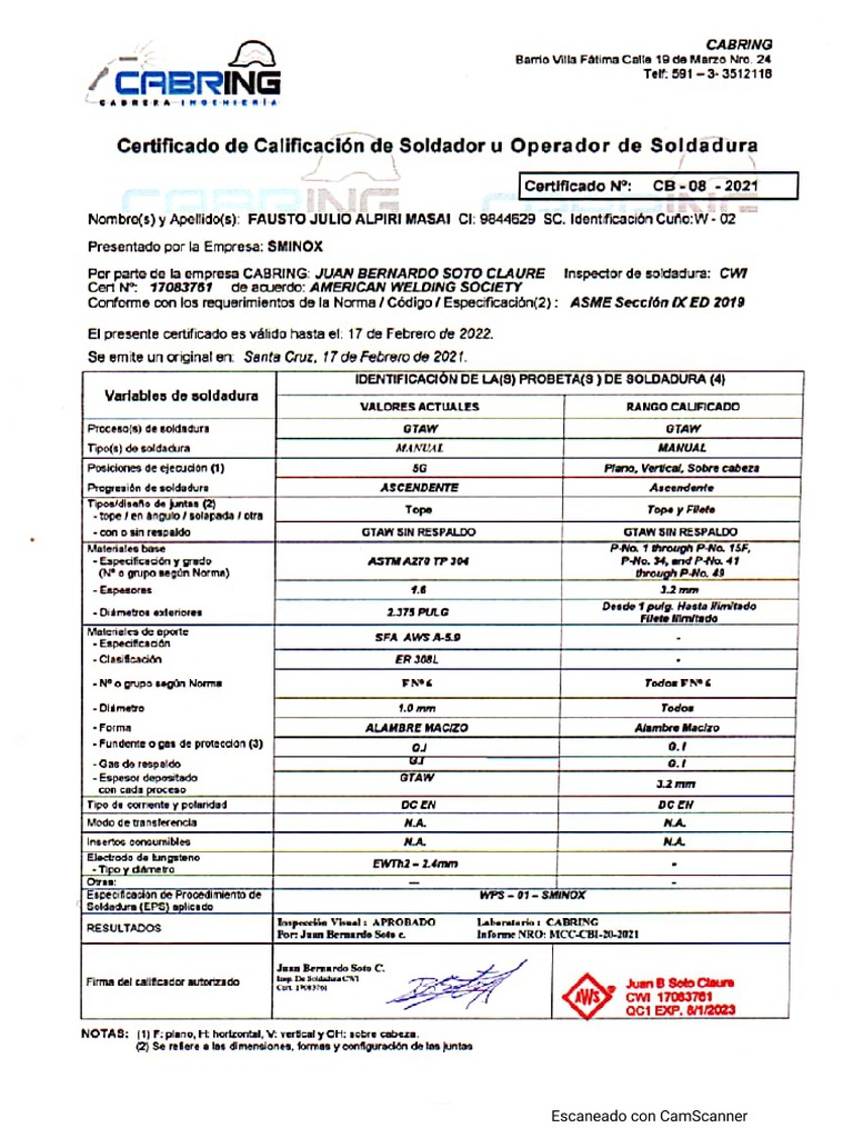 Certificado de Soldadores (TIG) | PDF
