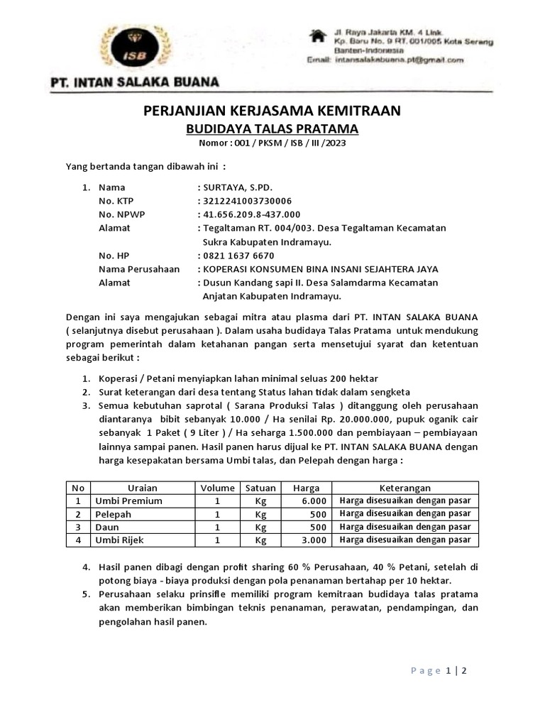 Perjanjian Kerjasama Kemitraan Talas Pt Isb Pdf