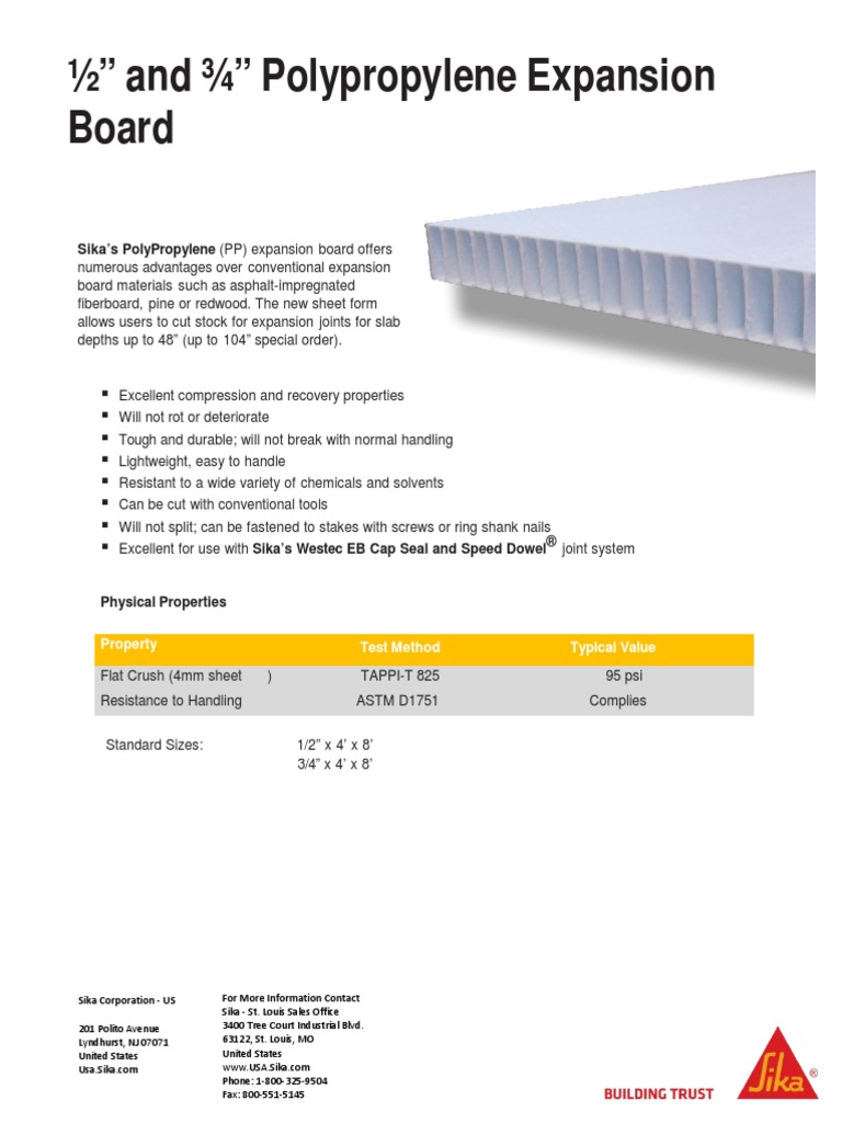 12 and 34 Polypropylene PP Expansion Board Product Data 2080140 | PDF