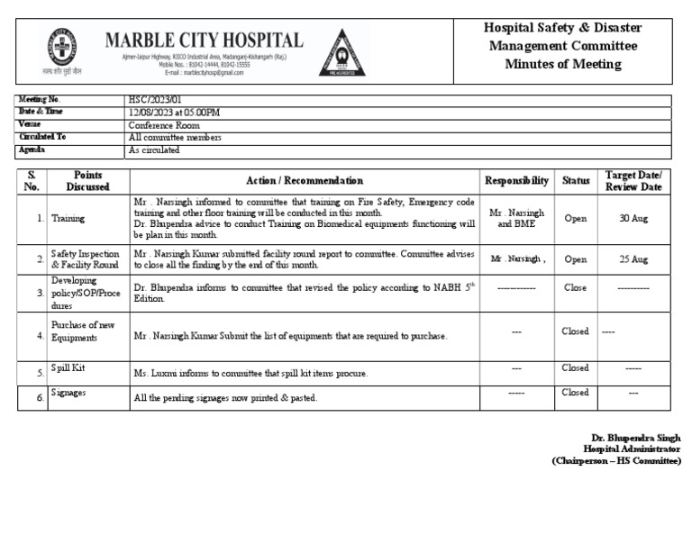 Hospital Safety Committee Meeting Minutes | PDF