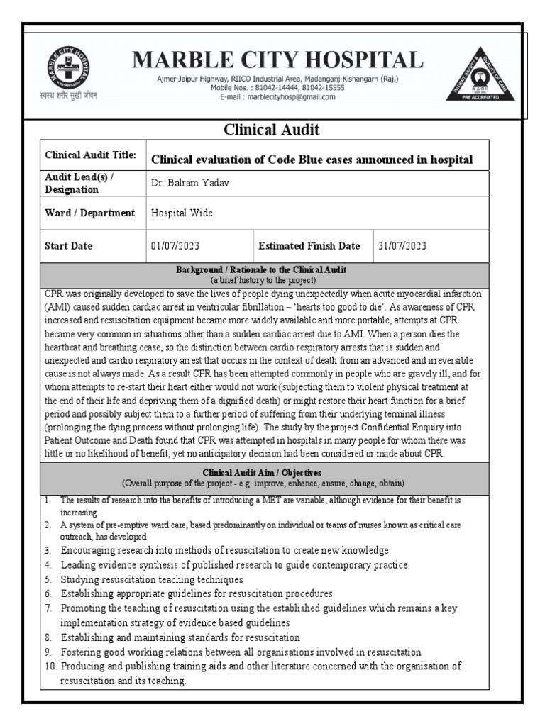 Clinical Audit On Code Blue | PDF | Myocardial Infarction ...