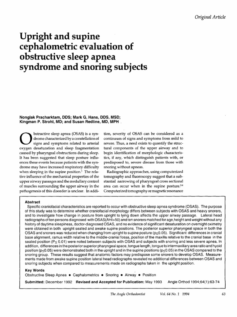 Upright and Supine Cephalometric Evaluation of Obstructive Sleep Apnea ...