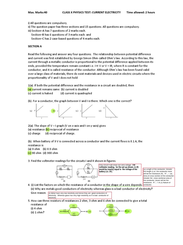 Class X Physics Test: Current Electricity | PDF | Electrical Resistance ...