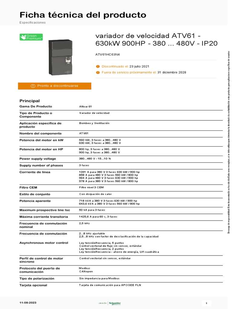 Variador ATV61 630kW/900HP, Especificaciones | PDF