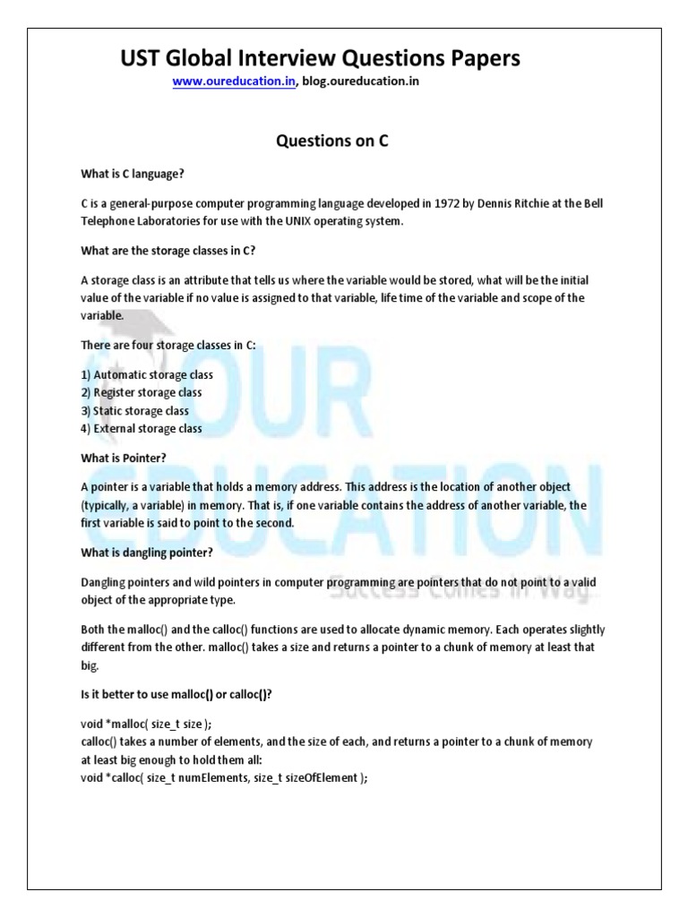 UST Global Interview Questions On C | PDF | Computers | Technology & Engineering