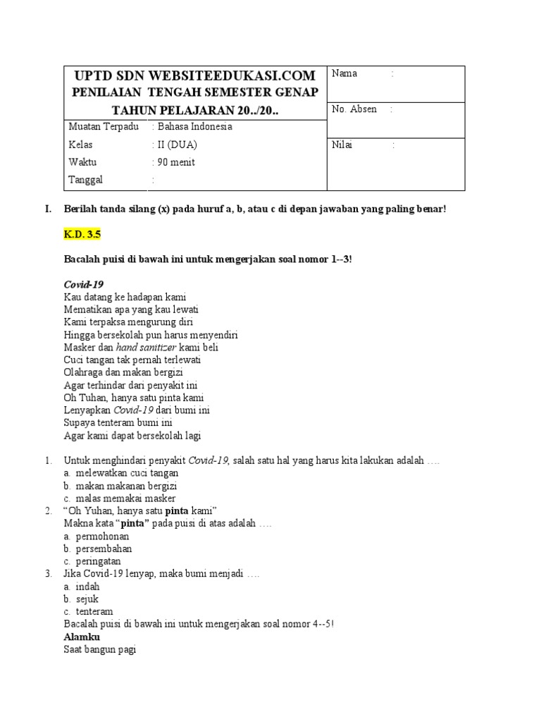 Soal PTS 2 Bahasa Indonesia Kelas 2 K13 | PDF
