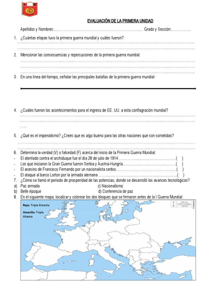 Evaluación Primera Guerra Mundial | PDF