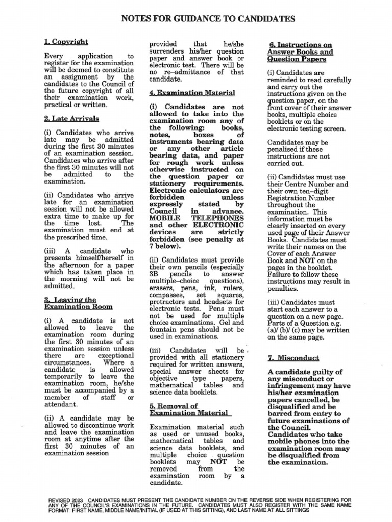 2023 CSEC Guidance To Candidates | PDF