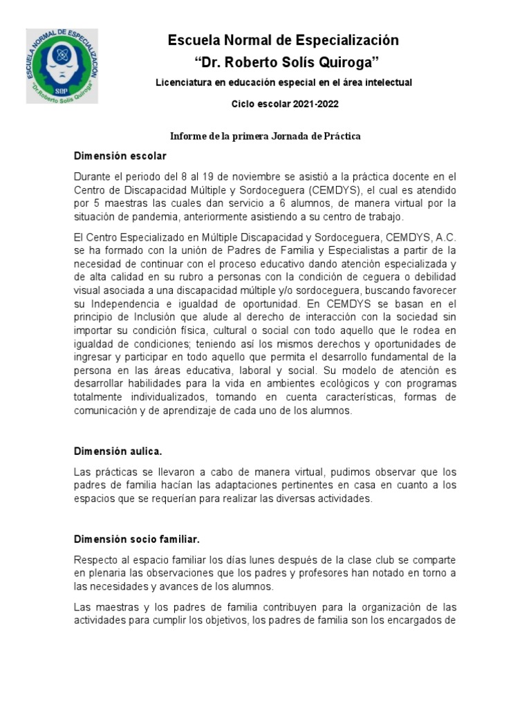 Informe de Practica Docente Primera Jornada | PDF | Invalidez | Educación especial