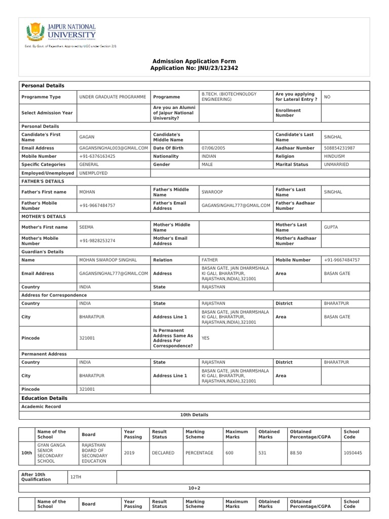 Application Form JNU 23 12342 | PDF | Government And Personhood