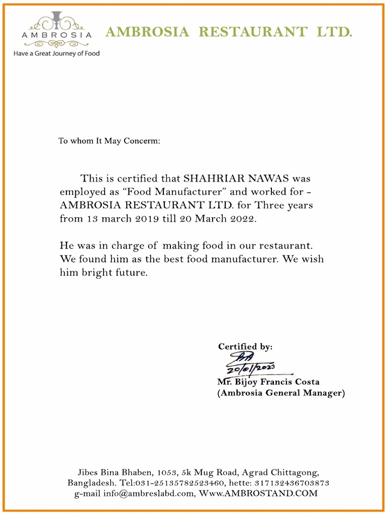 Hotel Work Experience Certificate | PDF