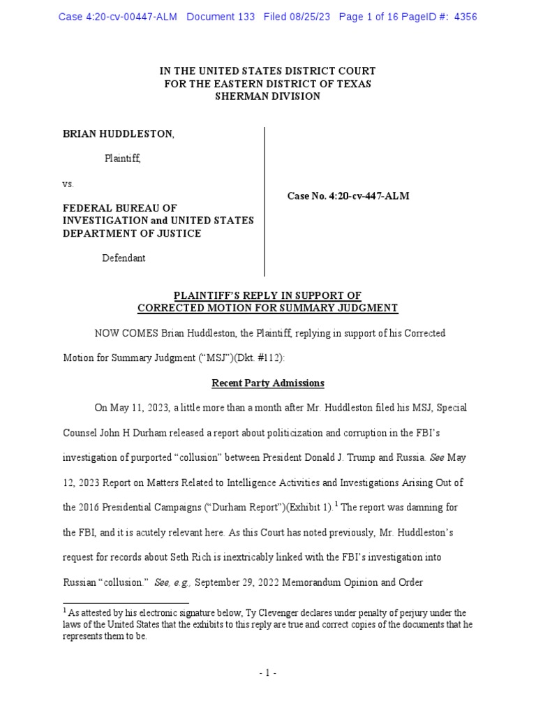 2023.08.25 Reply ISO MSJ (Stamped) Seth Rich Case | PDF | Wiki Leaks