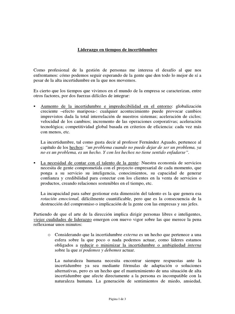 Liderazgo En Tiempos De Incertidumbre Pdf Incertidumbre Business