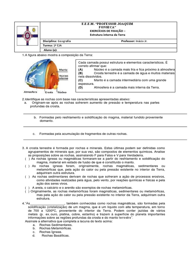 atividade n° 1 - estrutura interna da Terra | PDF | Rochas (Geologia) | Magma
