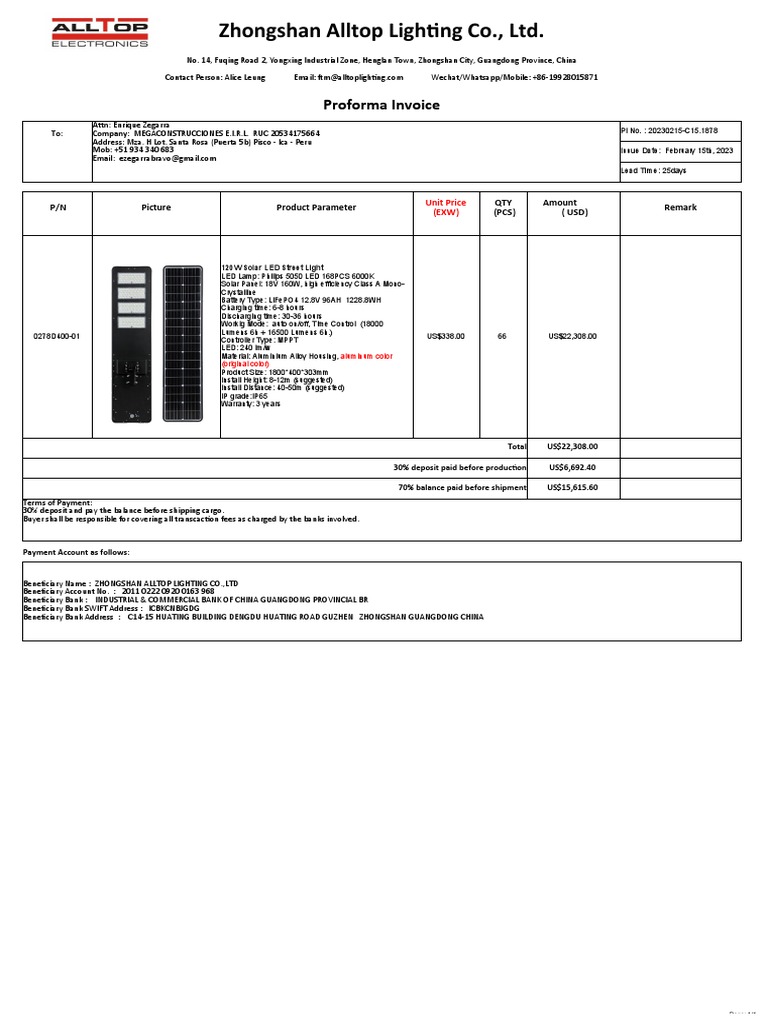 Proforma Invoice For Solar LED Street Light From Zhongshan Alltop ...