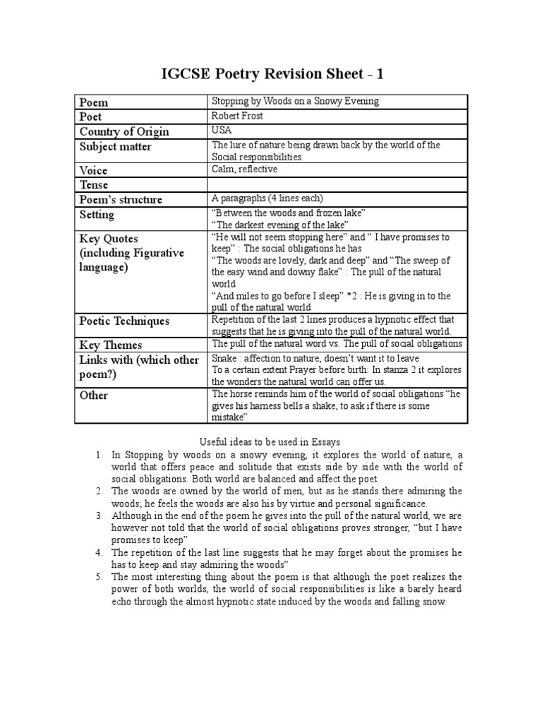 IGCSE Poetry Revision Sheet - 1 | PDF | Poetry