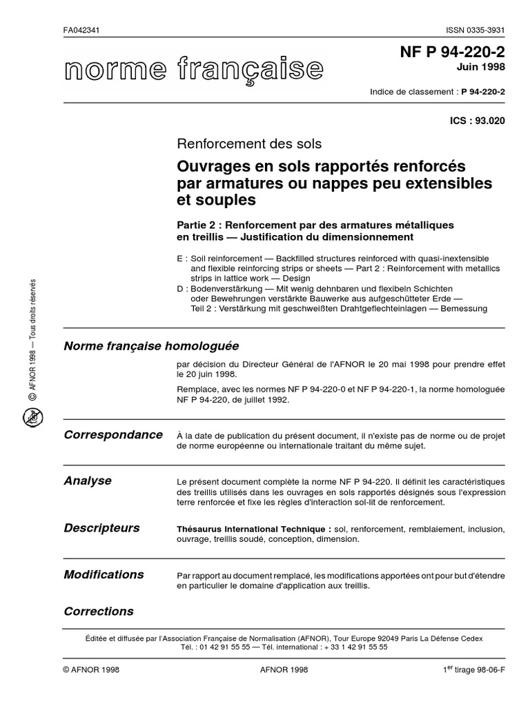 Renforcement Des Sols: Norme Française Homologuée | PDF