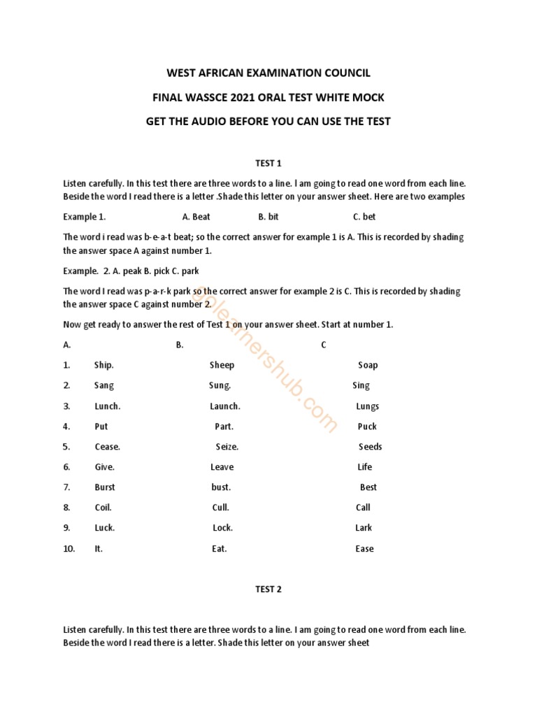WASSCE 2021 Oral English Tests Audio | PDF