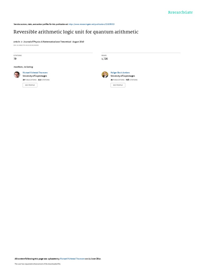 PhyApaper (Reversable Quantum Arithmetic Logic Unit Research) | PDF