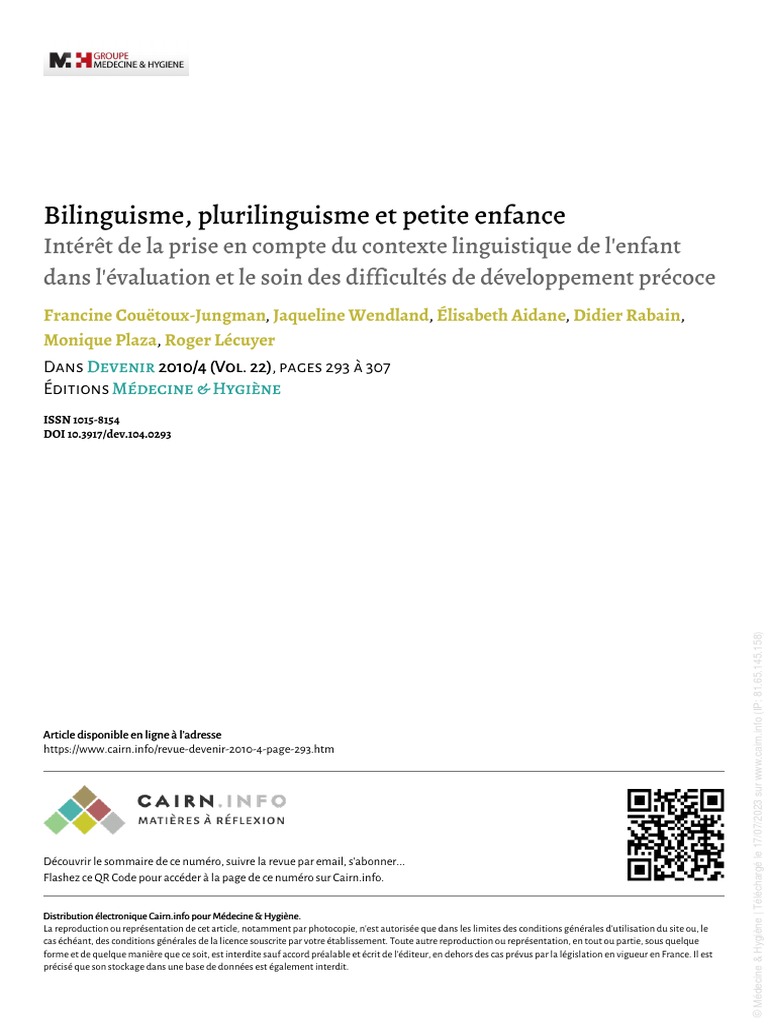 Bilinguisme, Plurilinguisme Et Petite Enfance | PDF