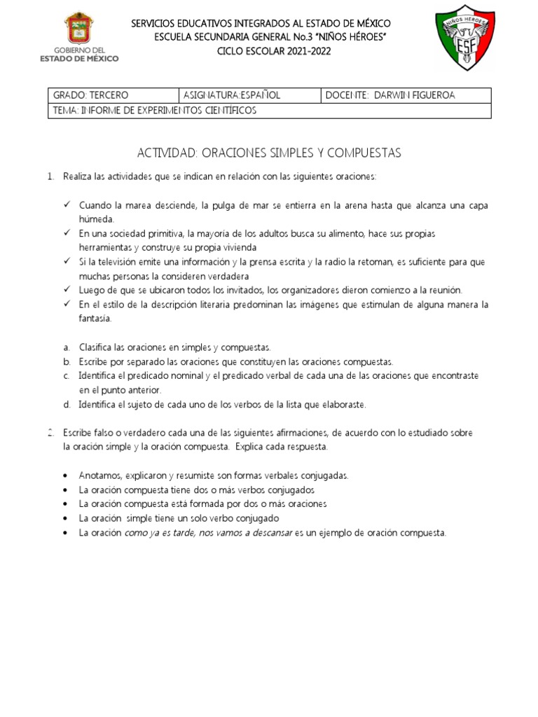 Actividad Oraciones Simples y Compuestas. | PDF | Verbo | Oración ...