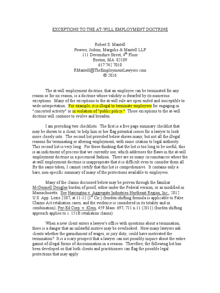 Employment Law Exceptions Guide | PDF | Employment | At Will Employment