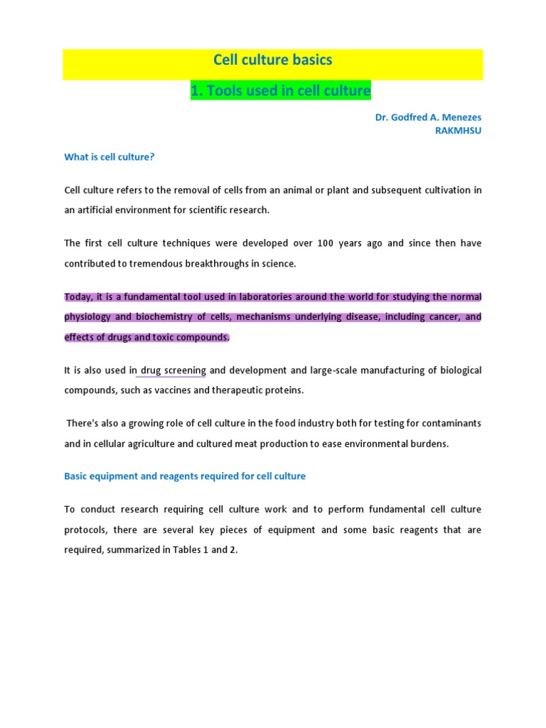 Cell Culture Basics. Tools Used | PDF | Growth Medium | Cell Culture