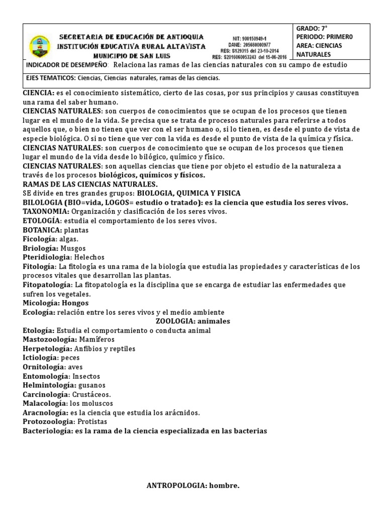 Guia # 001 Grado 7° Ramas de Las Ciencias | PDF