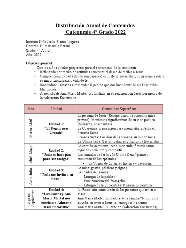 Distribución Anual de Contenidos Catequesis INJ Argentina | PDF ...