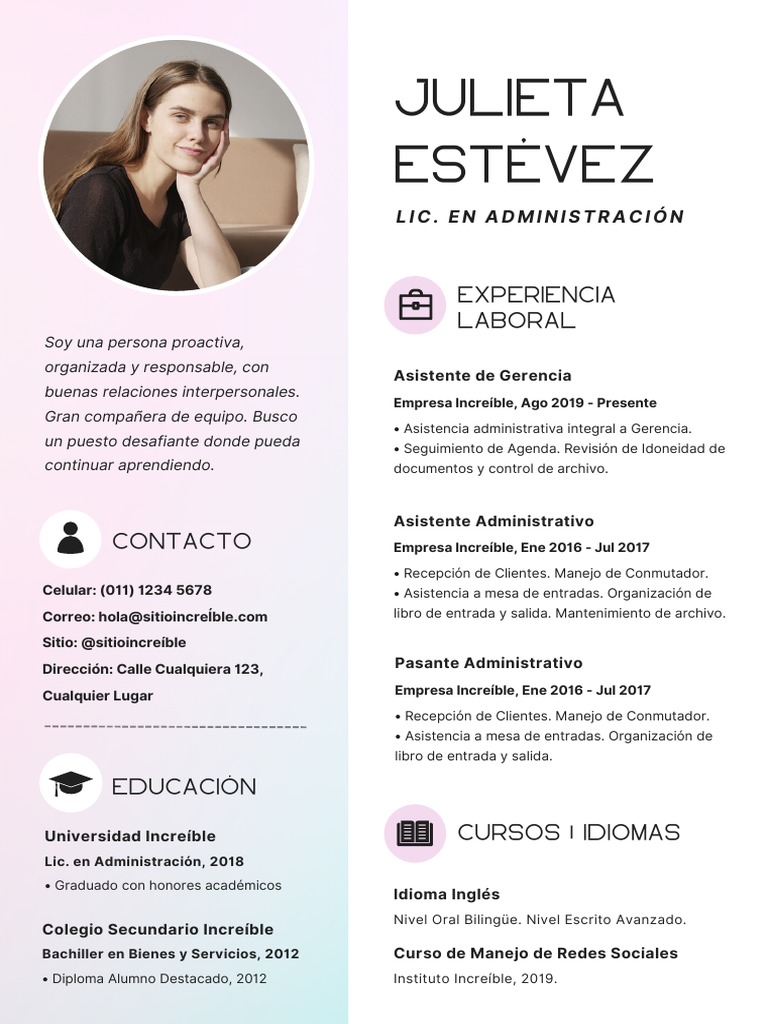 Curriculum Vitae Mujer Moderno y Original Con Foto Gradiente Rosa | PDF