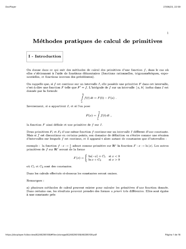 Techniques de Calcul de Primitives | PDF