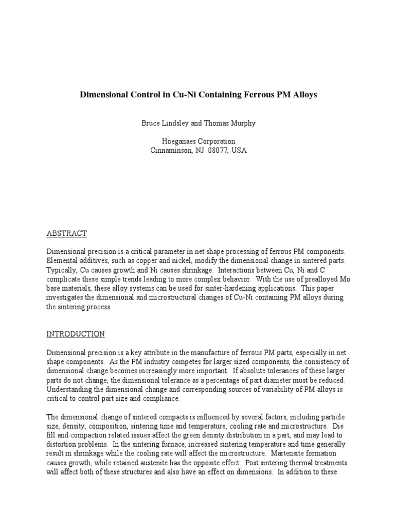 Dimensional Control in Cu-Ni Containing Ferrous PM Alloys | PDF | Sintering | Nickel
