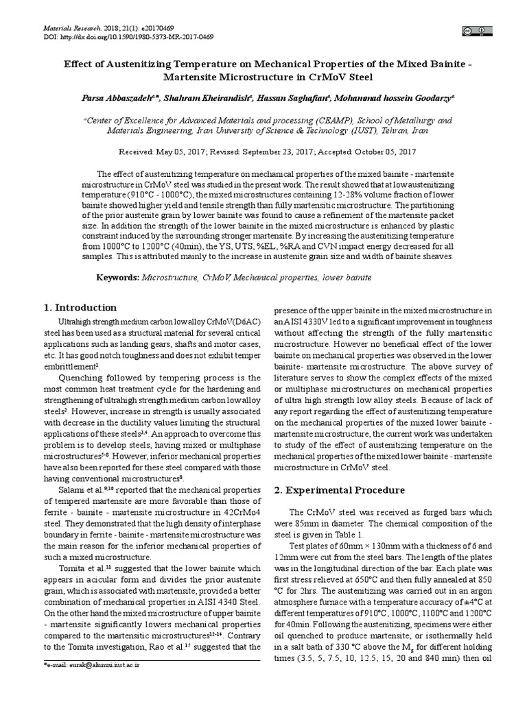 Effect of Austenitizing Temperature On Mechanical Properties of The Mixed Bainite - Martensite ...