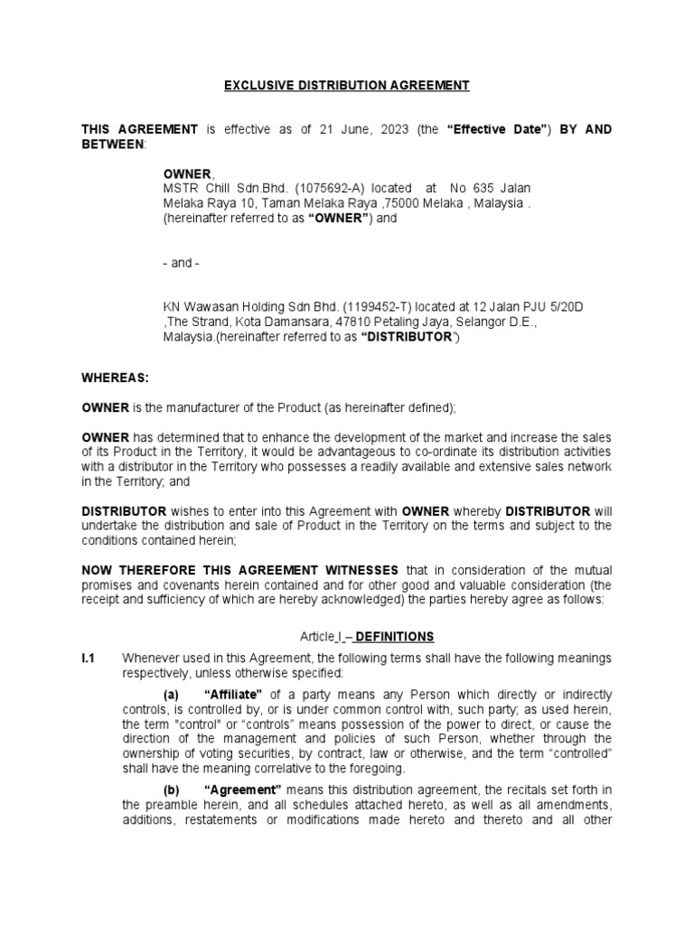 Exclusive Distribution Agreement | PDF | Trademark | Liquidation