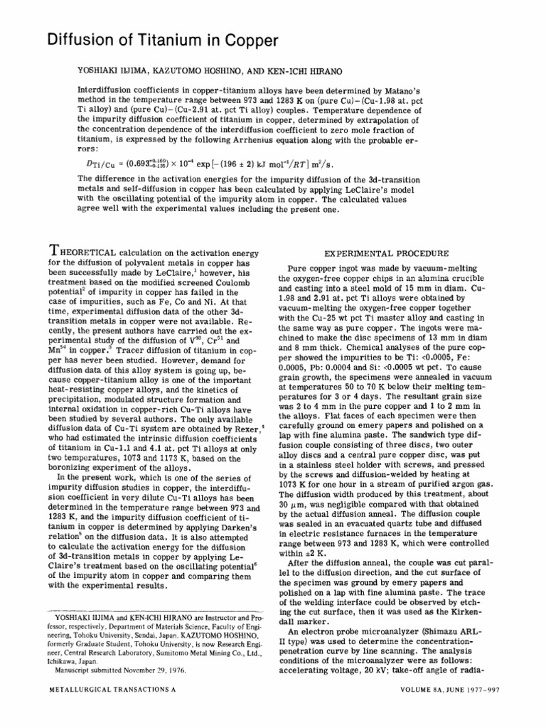 Diffusion of Titanium in Copper | PDF
