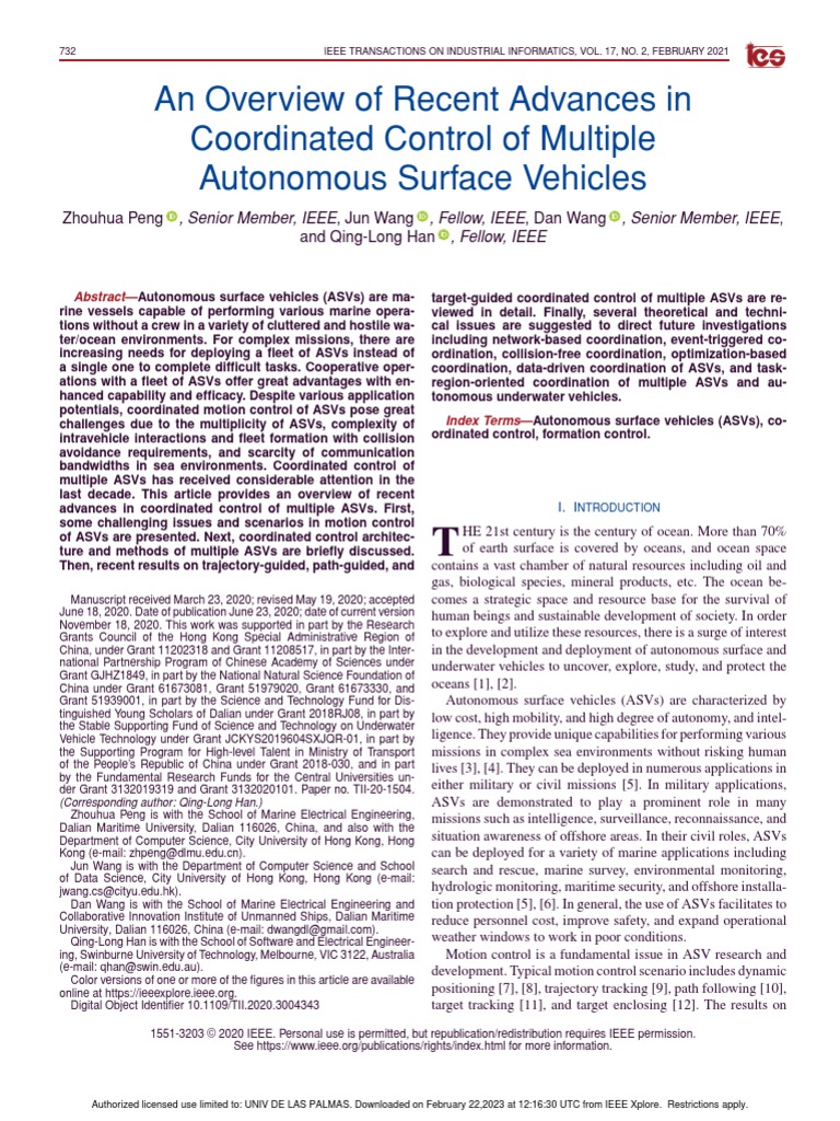 An Overview of Recent Advances in Coordinated Control of Multiple Autonomous Surface Vehicles | PDF