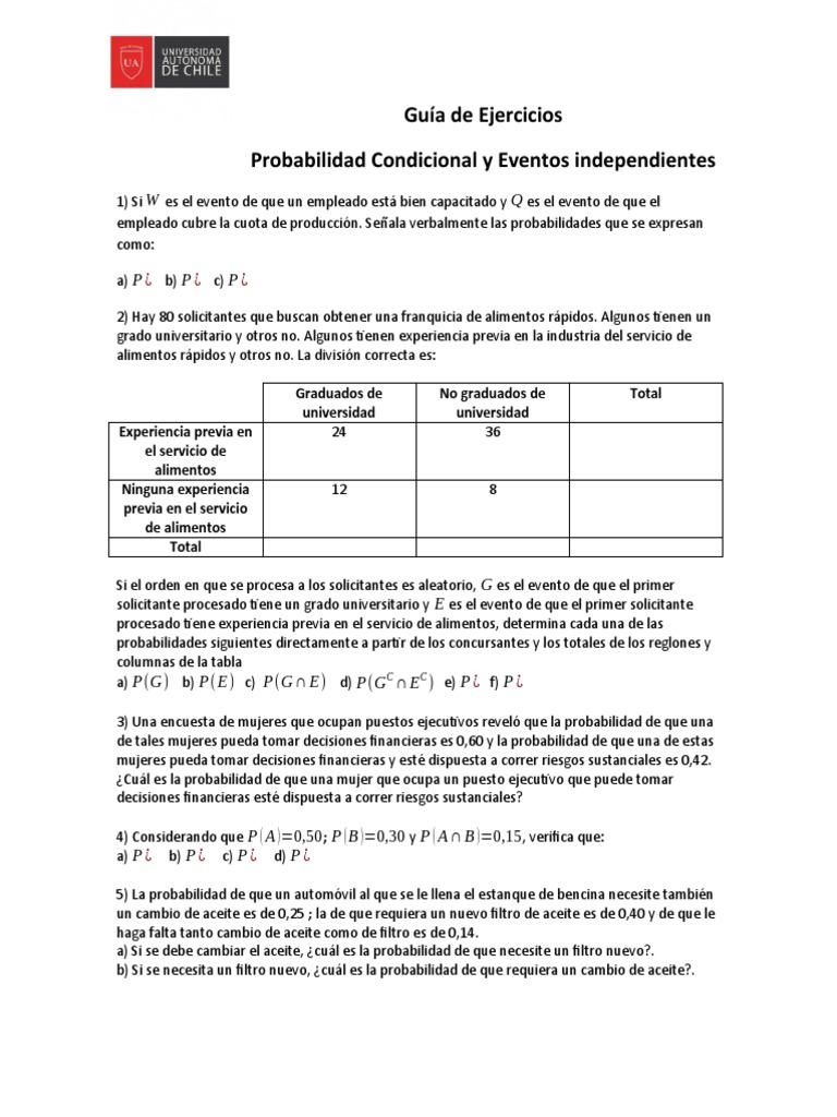 Guia de Ejercicios 6. Probabilidad Condicional y Eventos Independientes ...