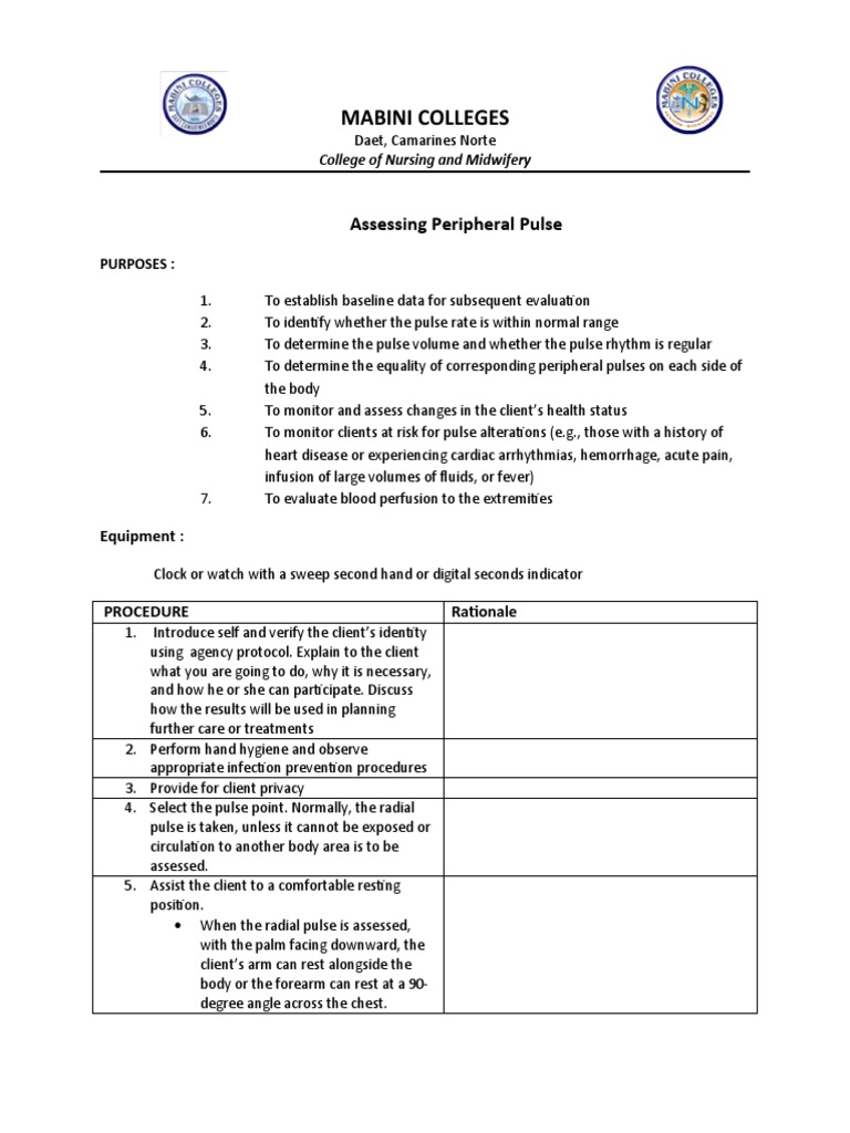 Assessing Peripheral Pulse | PDF | Pulse | Vein