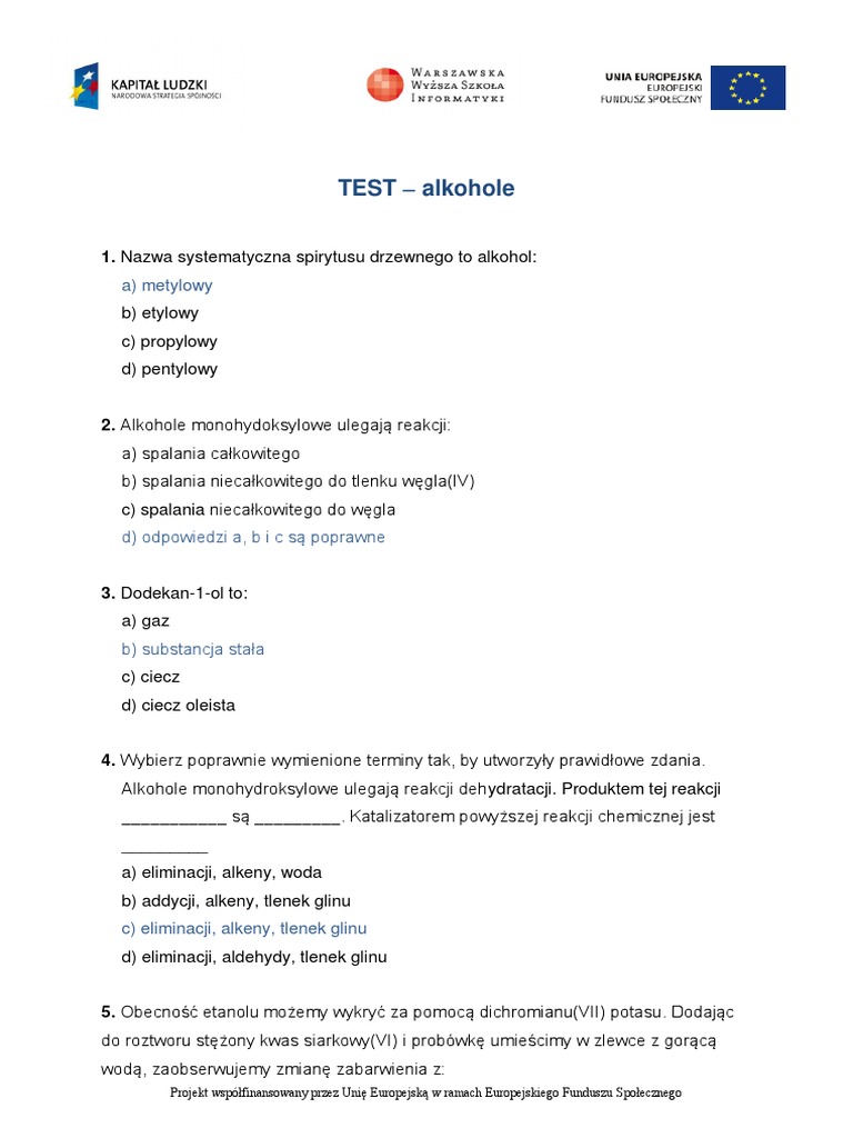 Test Alkohole: 1. Nazwa Systematyczna Spirytusu Drzewnego To Alkohol | PDF